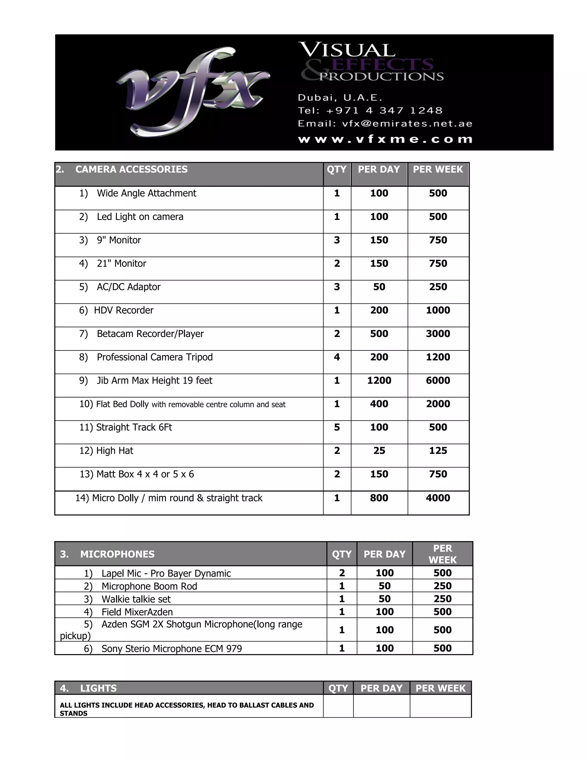 VFX equipment rental rate card | PDF