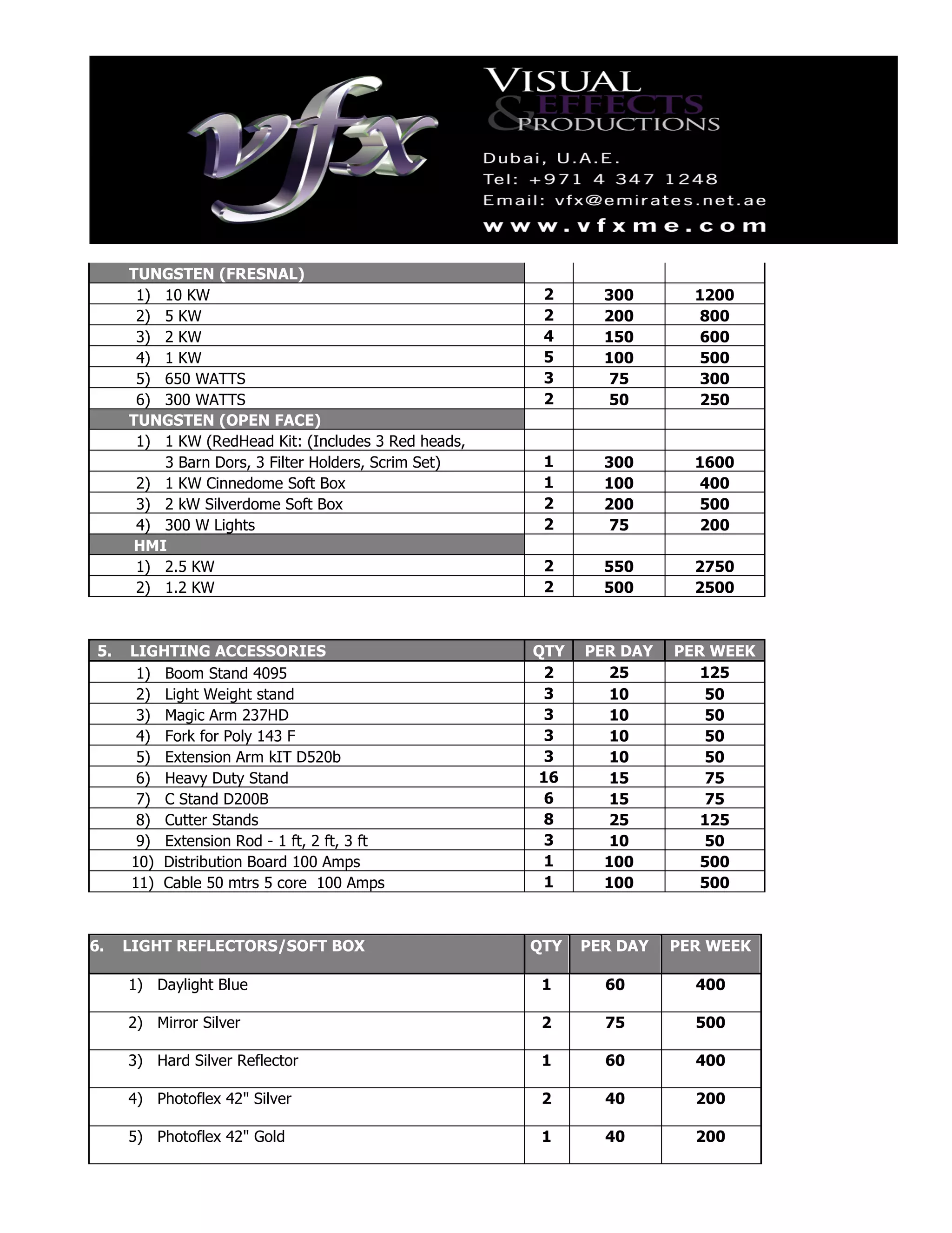 VFX equipment rental rate card | PDF