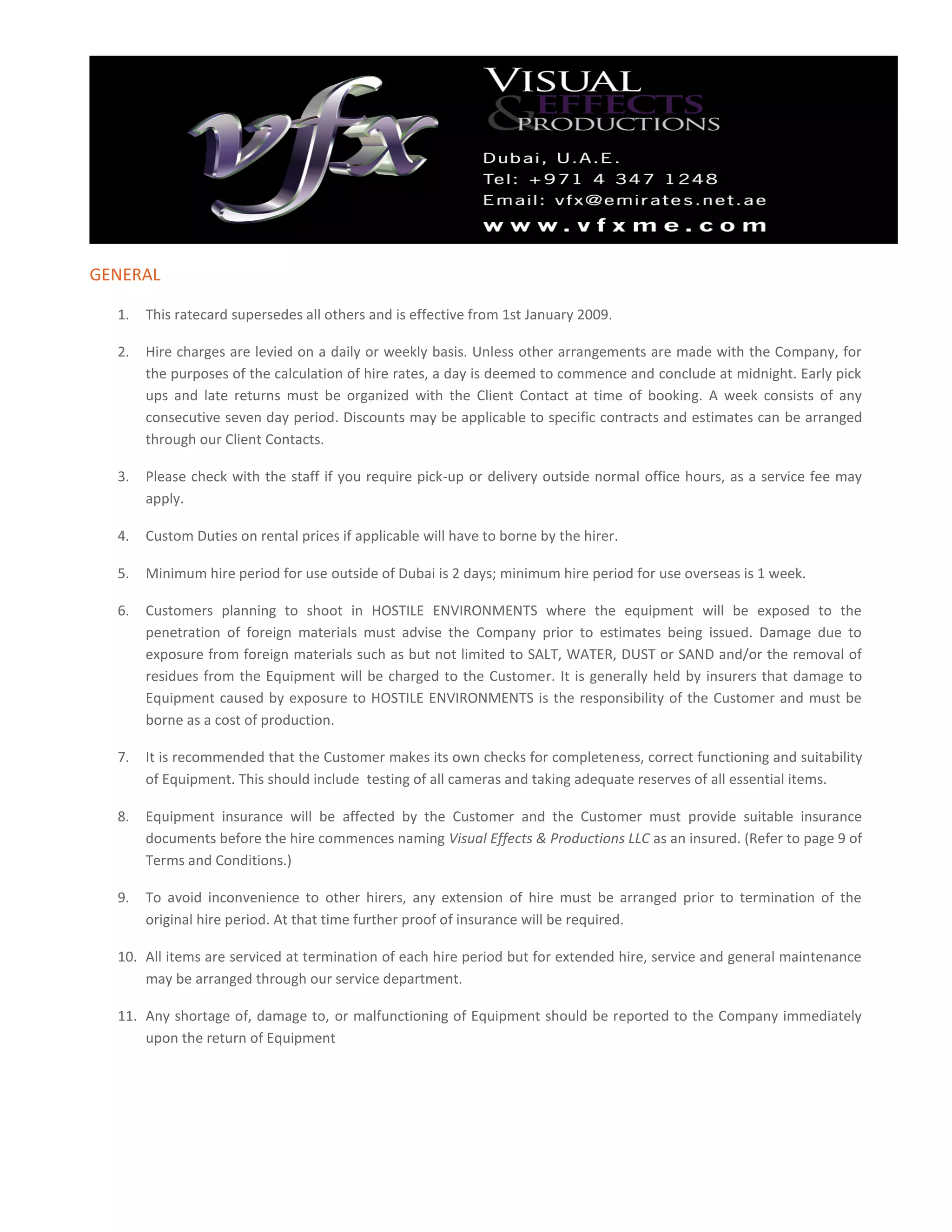 VFX equipment rental rate card | PDF