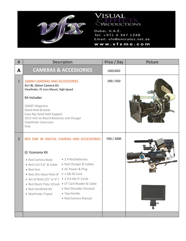 VFX equipment rental rate card | PDF