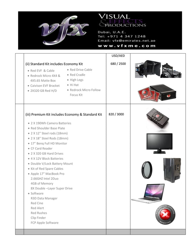 VFX equipment rental rate card | PDF
