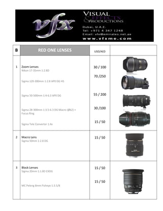 VFX equipment rental rate card | PDF