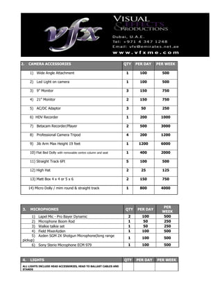 VFX equipment rental rate card | PDF