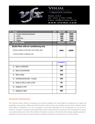 VFX equipment rental rate card | PDF