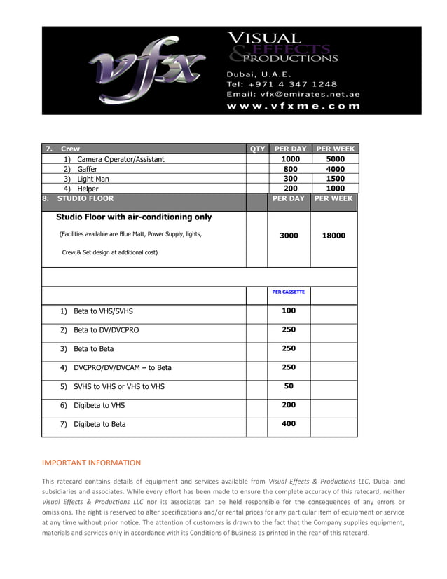 VFX equipment rental rate card | PDF