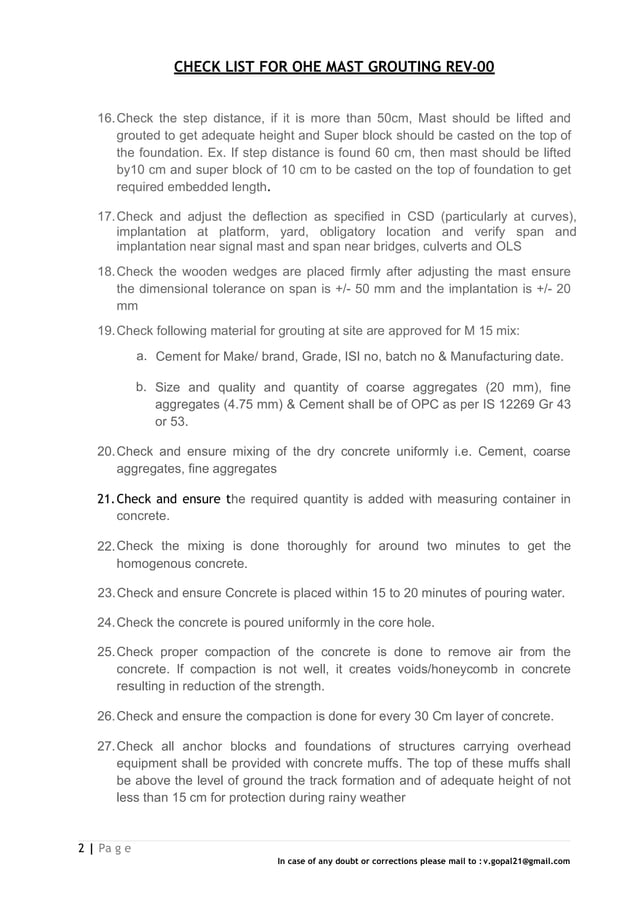 VG Check list for OHE mast grouting rev 00 | PDF | Civil Engineering ...