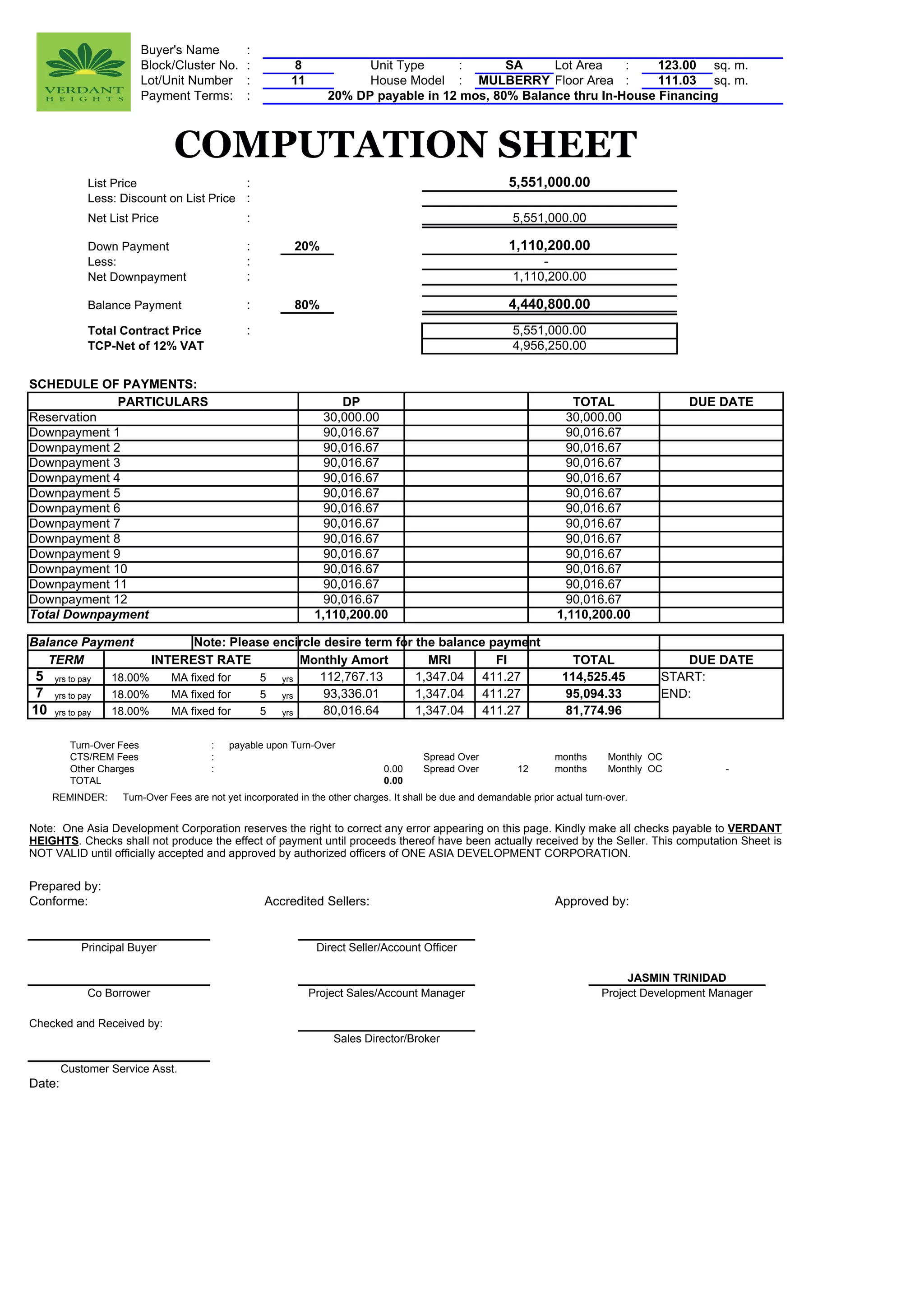 Vh Sample Computation In House Fin. | XLS