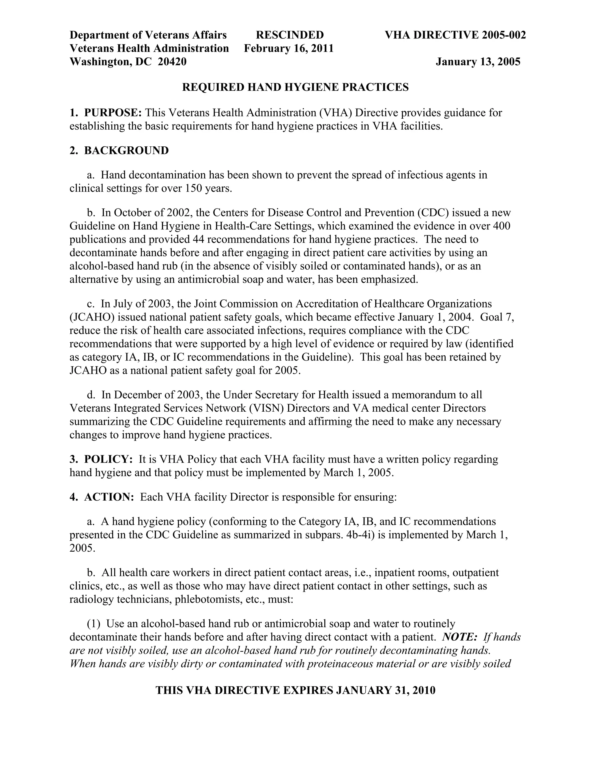 Hand Hygiene Directive: Veterans Health Administration Directive 2005 ...