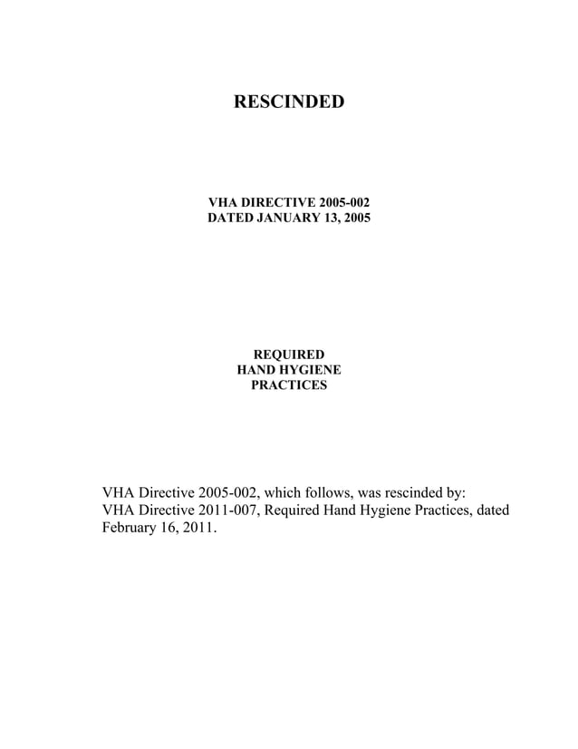 Hand Hygiene Directive: Veterans Health Administration Directive 2005 ...