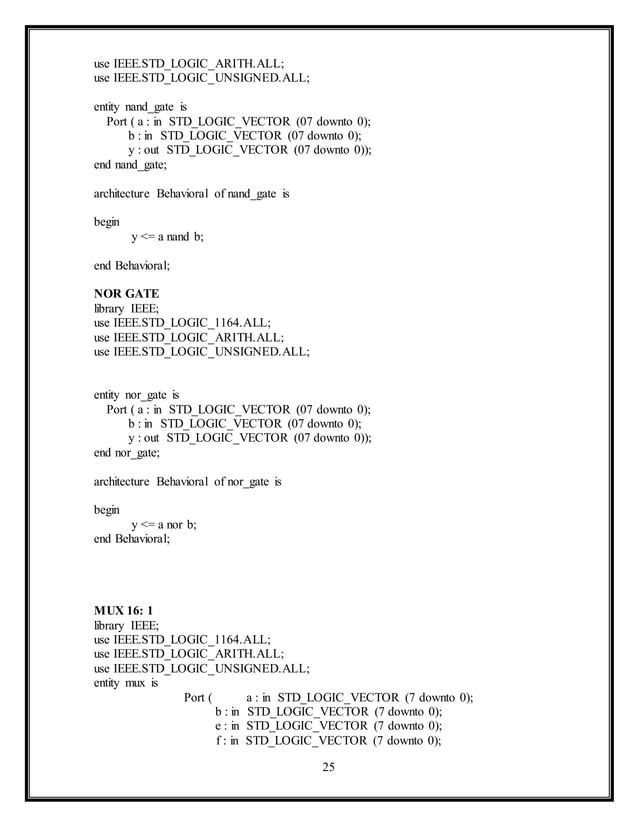 Vhdl code and project report of arithmetic and logic unit