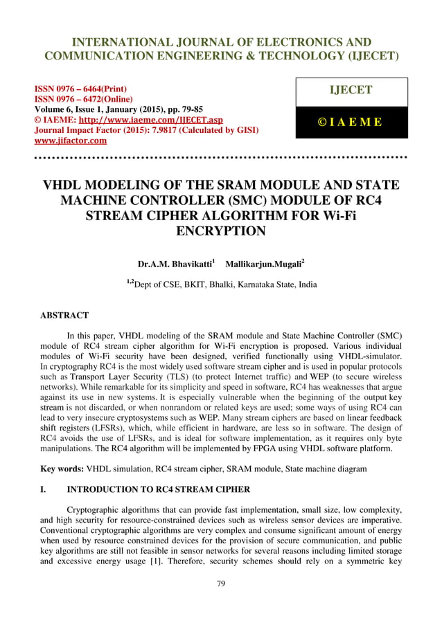 Vhdl modeling of the sram module and state machine controller smc module of rc4 stream cipher ...