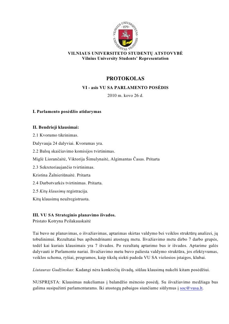 VI-ojo VU SA Parlamento posėdžio protokolas