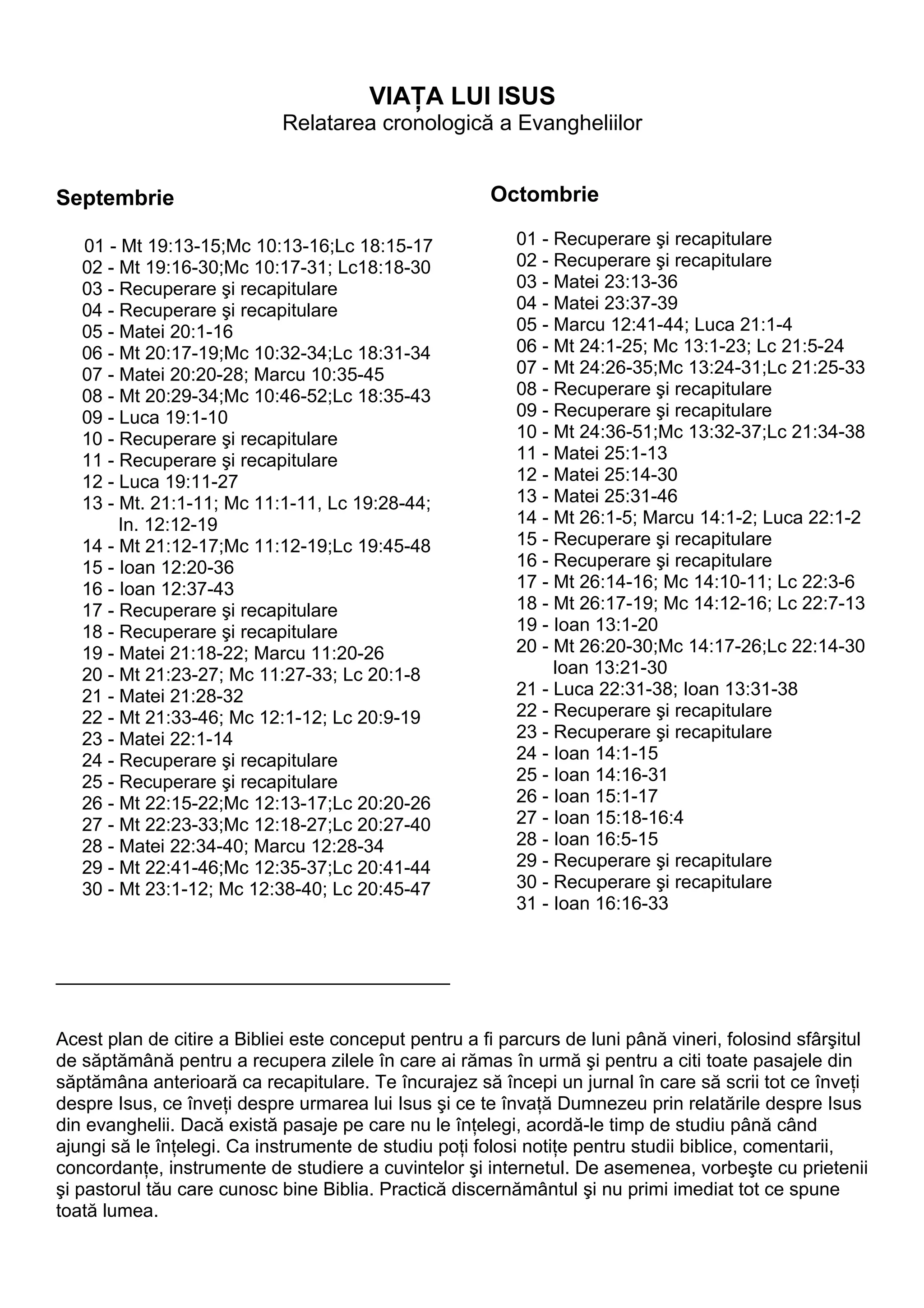 Viata lui isus - plan de citire cronologic partea 3 | DOC