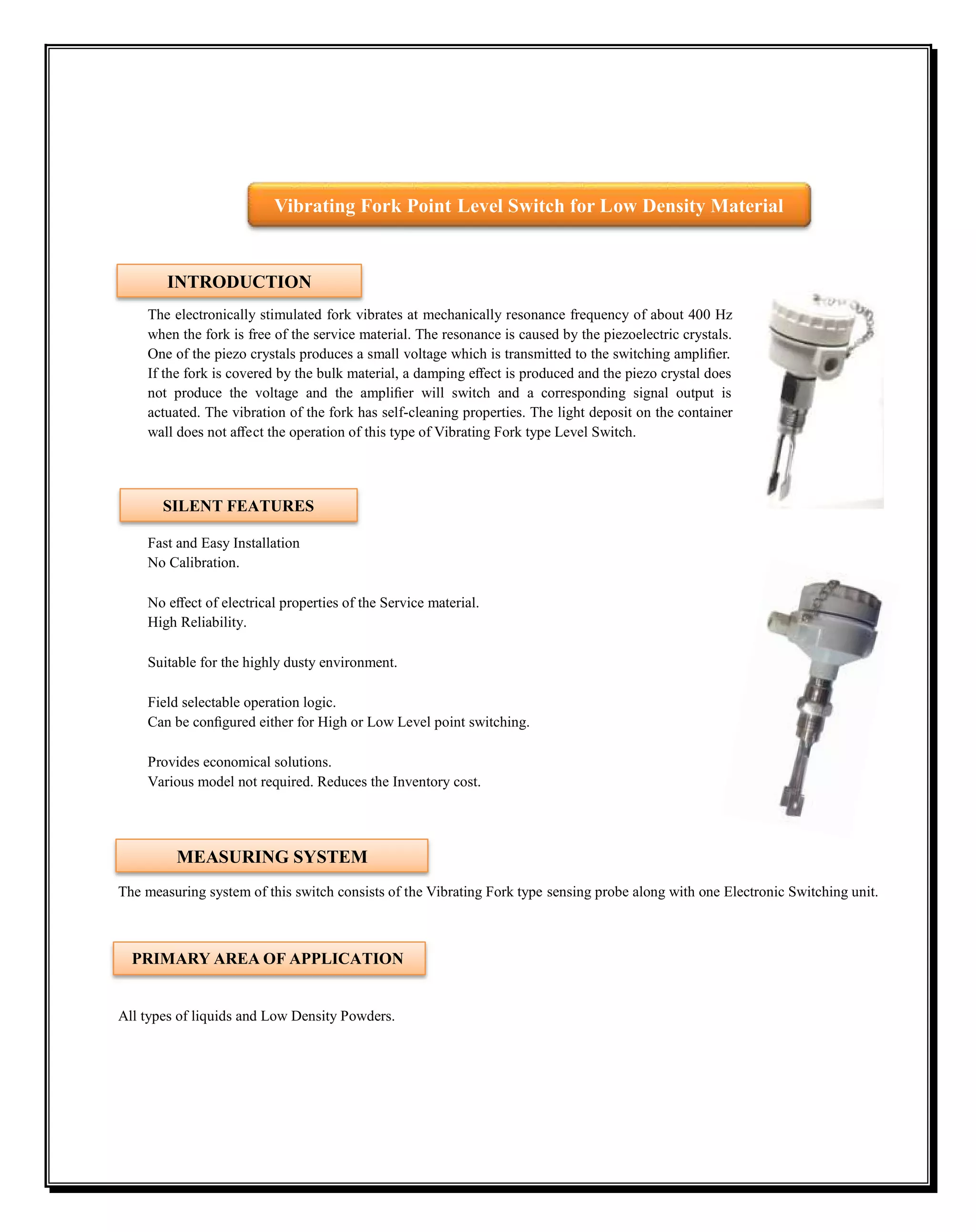 Vibrating Fork type Level Switch for Low Density Material & Liquids | PDF