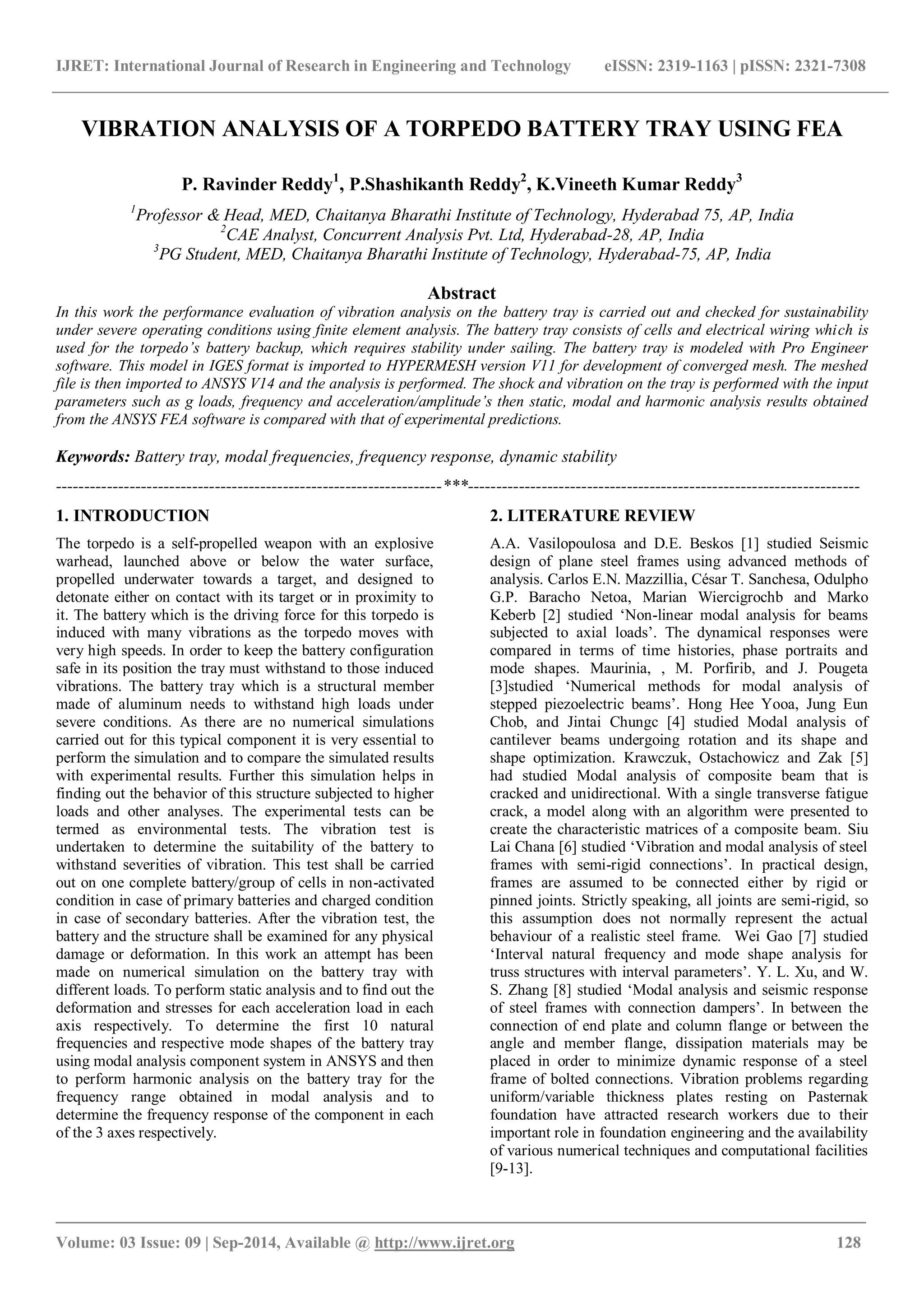 Vibration analysis of a torpedo battery tray using fea | PDF