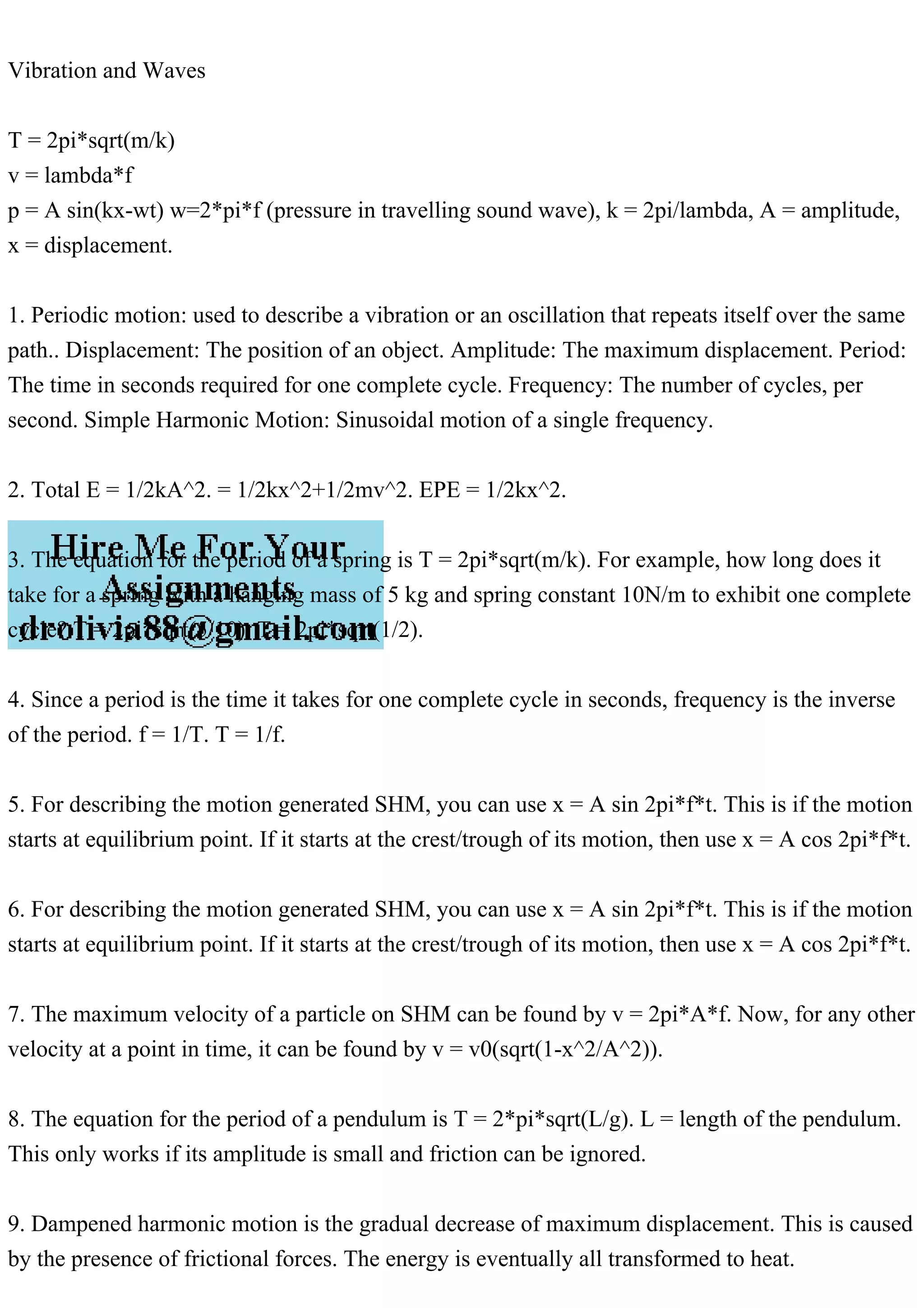 Vibration and WavesT = 2pisqrt(mk)v = lambdafp = A sin(kx.pdf