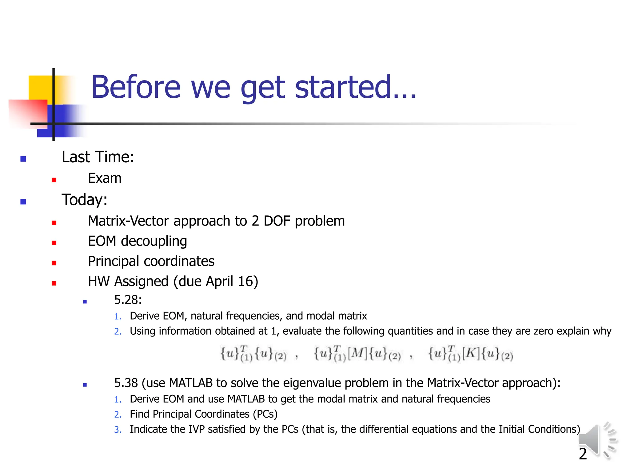 Vibration of 2DOF Systems matix approach voice.ppt