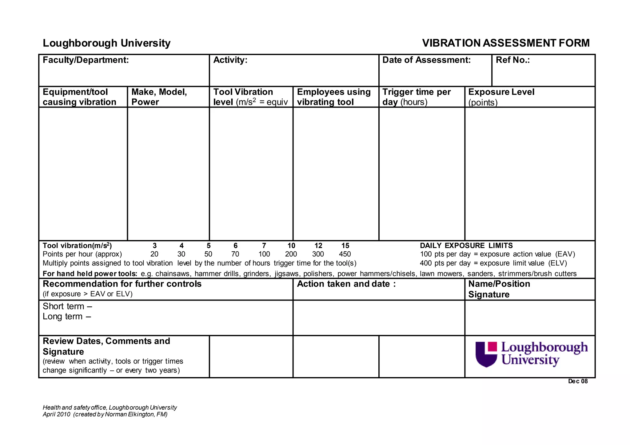 Vibration risk assessment form (2).doc | Medical Health