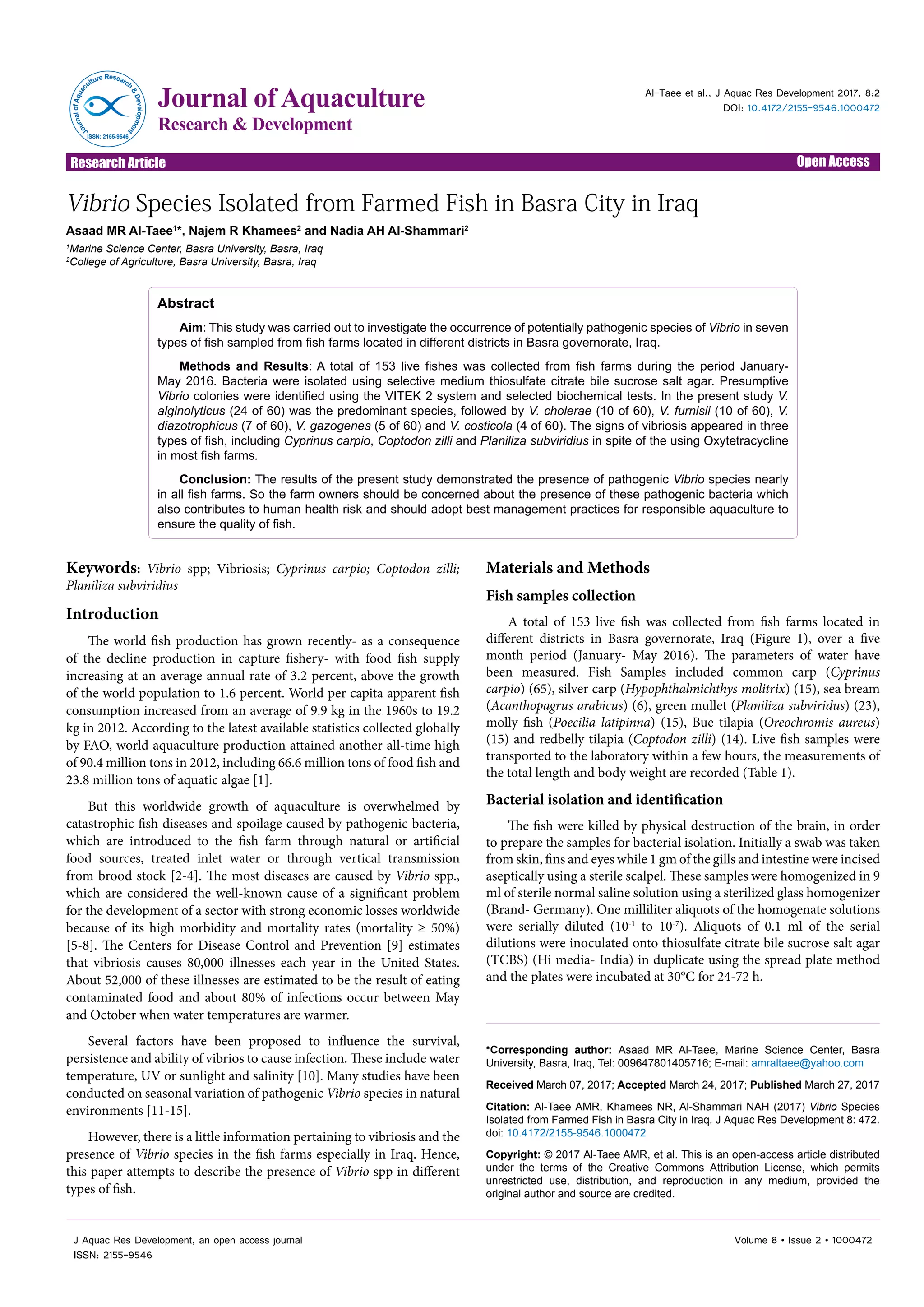 Vibrio Species Isolated from Farmed Fish in Basra City in Iraq | PDF