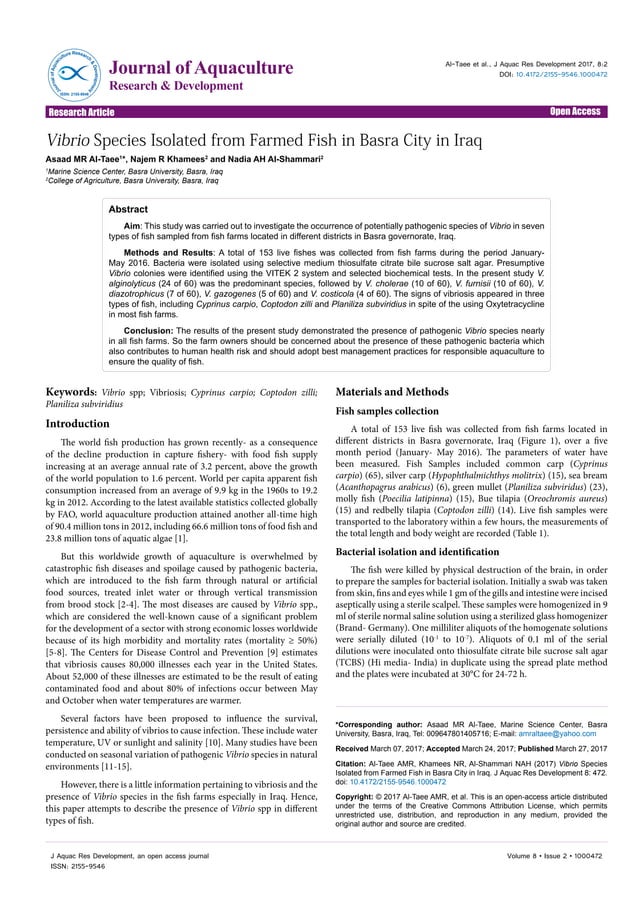 Vibrio Species Isolated from Farmed Fish in Basra City in Iraq | PDF
