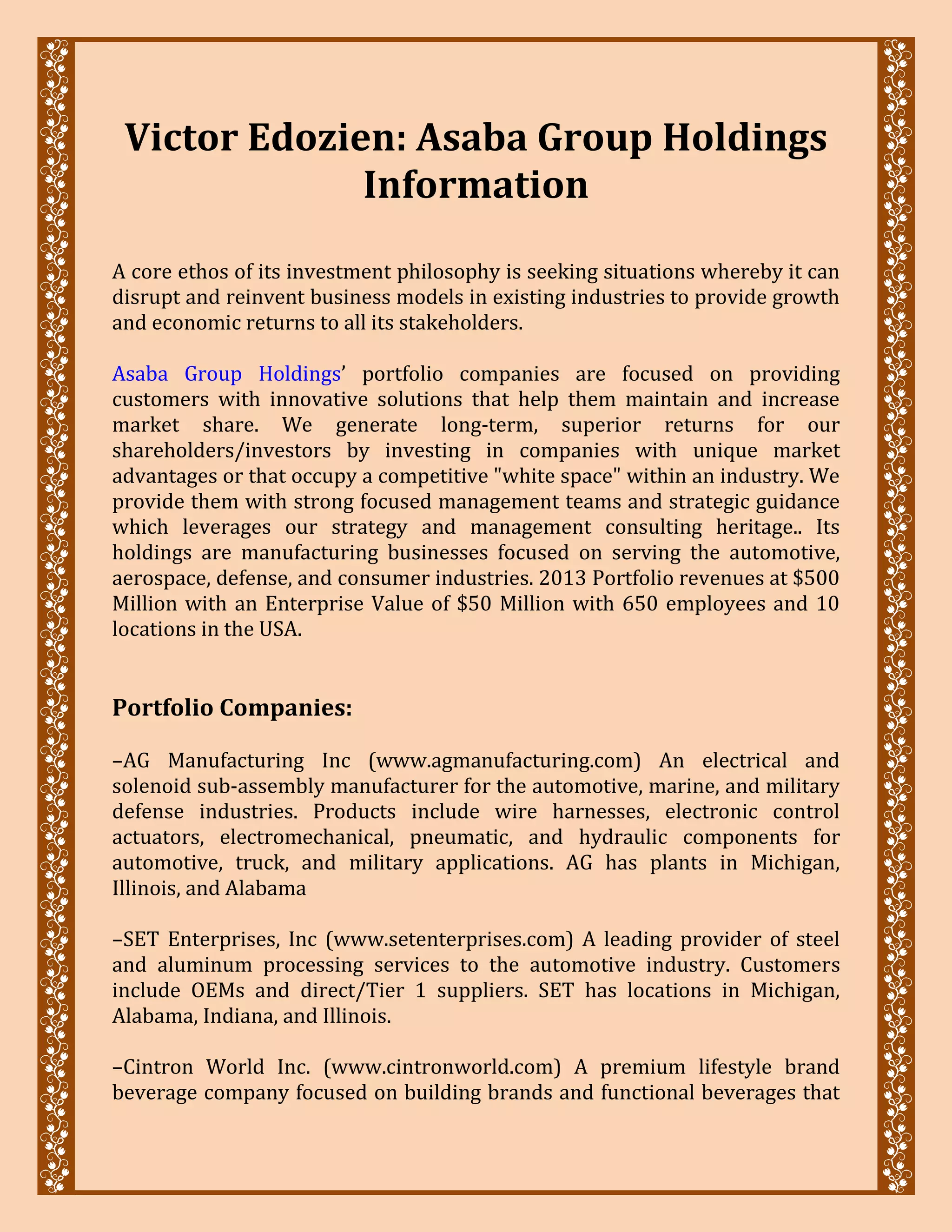 Victor Edozien: Asaba Group Holdings Information | PDF