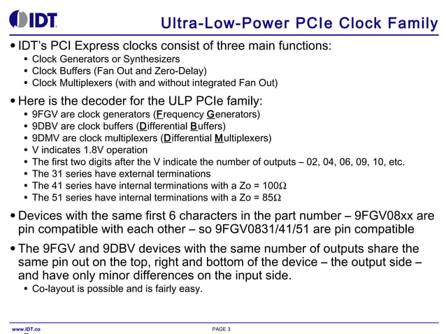 PCI Express Clock Generators and Buffers by IDT: Ultra-low-power for PCIe Gen 1-2-3 | PPT