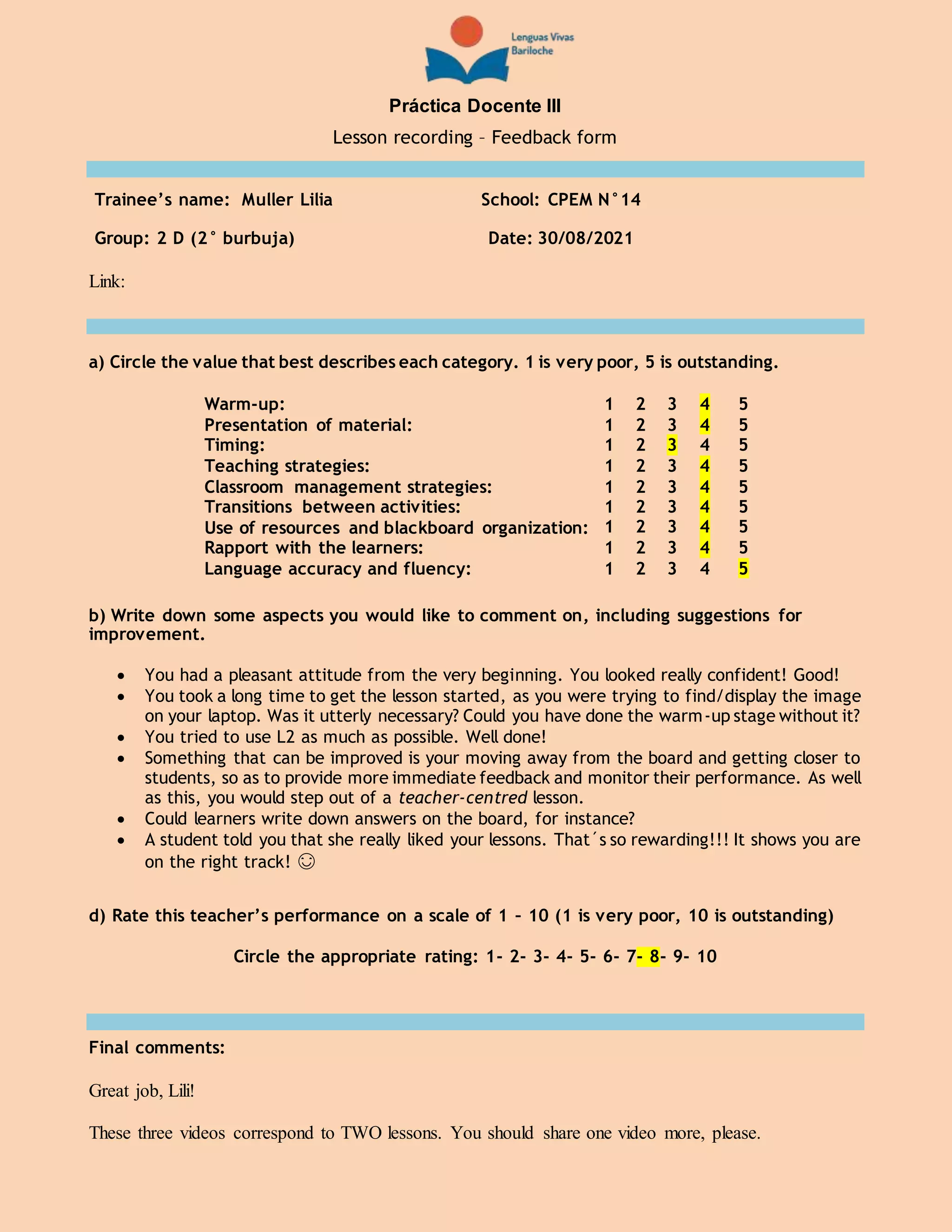 Video Assessment sheet 1 - PD III - Pass | DOC