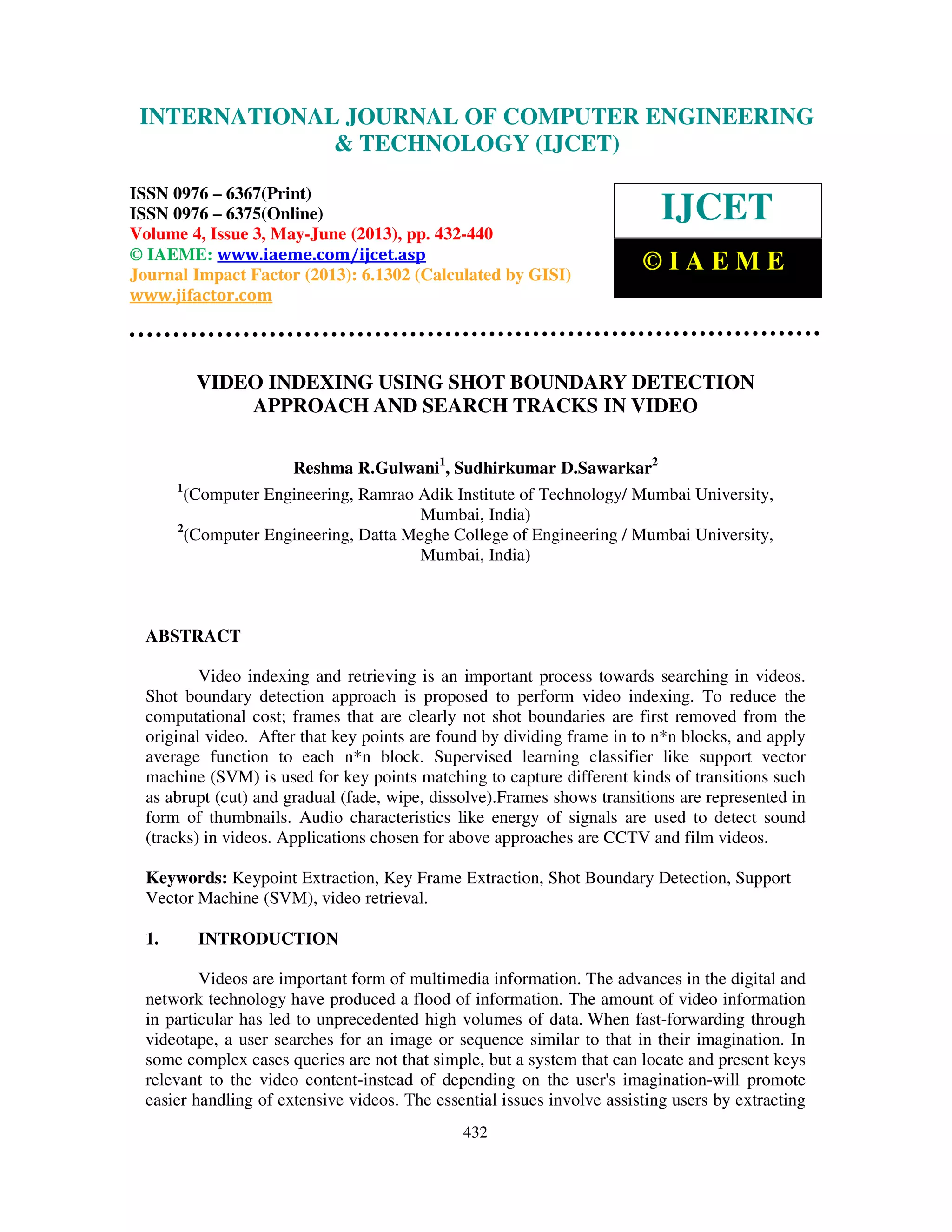 Video indexing using shot boundary detection approach and search tracks | PDF