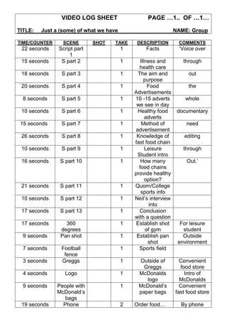 Video log sheet | DOC