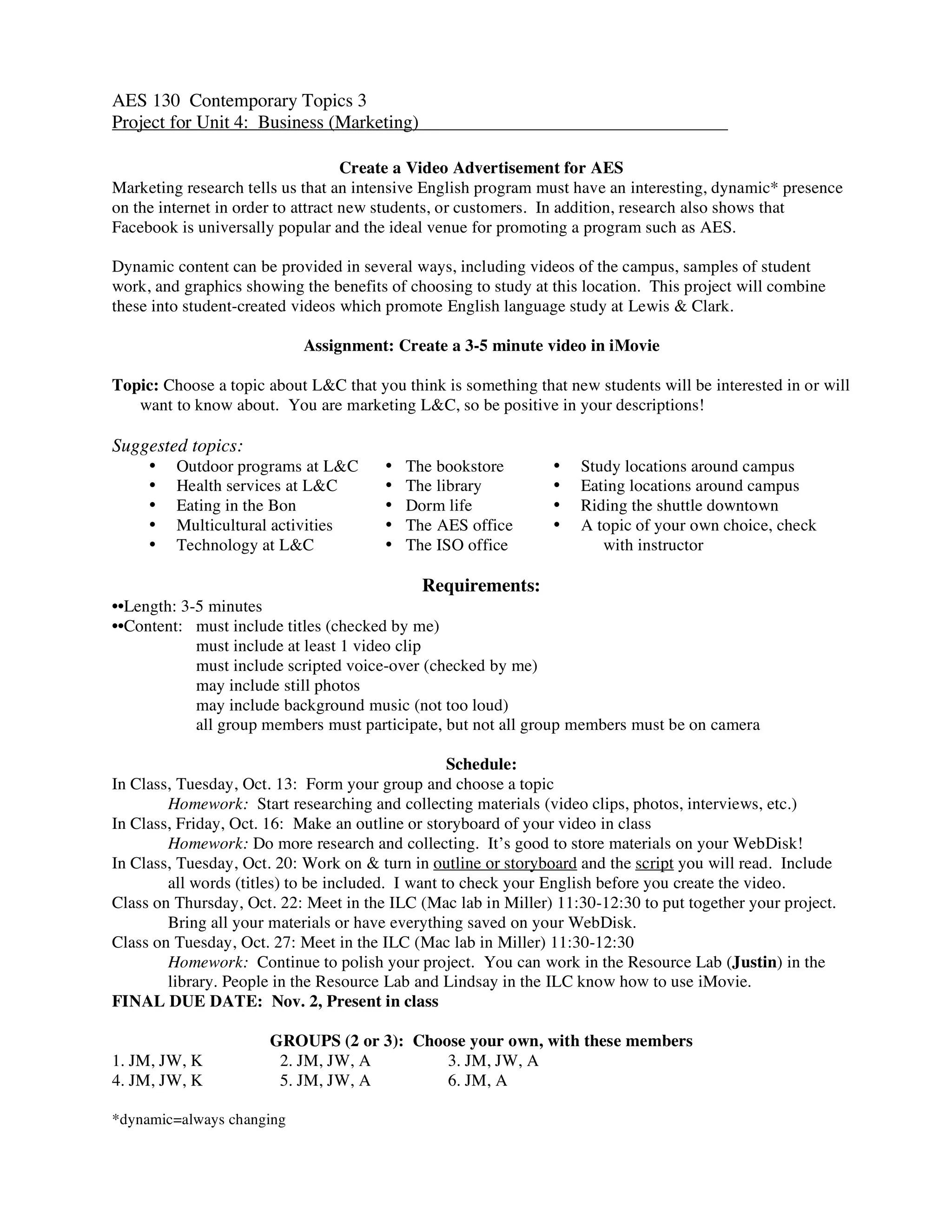 Video Marketing Project for ESL students | PDF