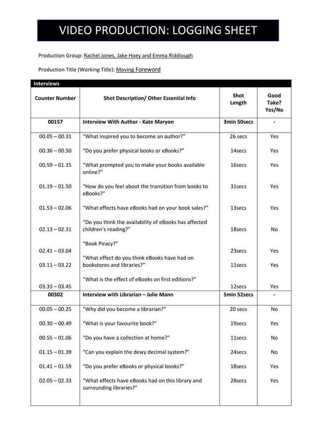 Video production logging sheet | DOCX | Tablets and E-readers ...