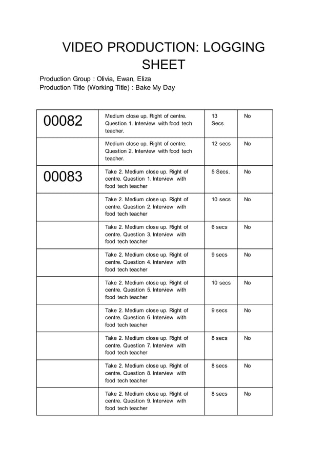 Video production logging sheet | PDF
