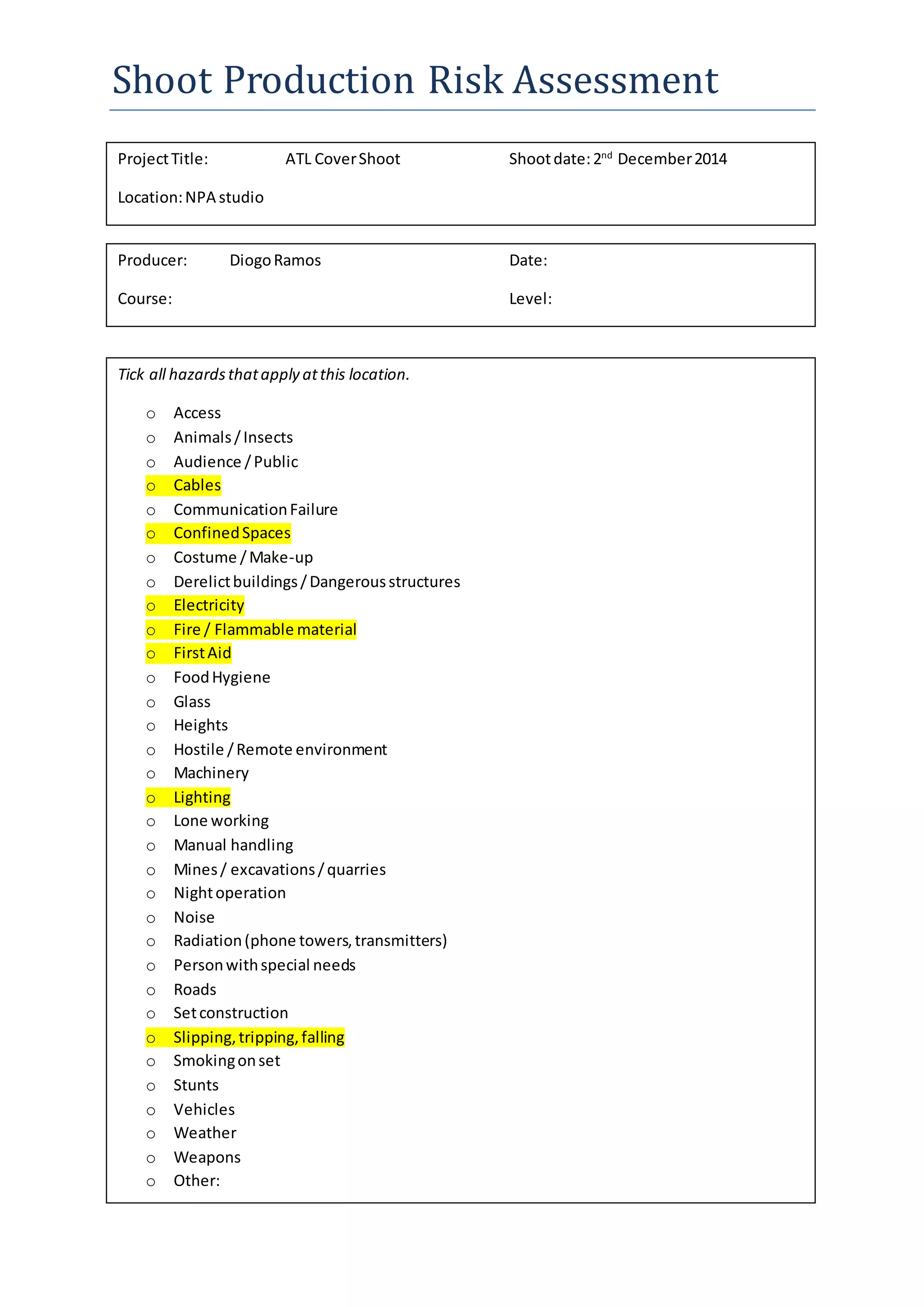production risk assessment | DOCX | First Aid | Injuries
