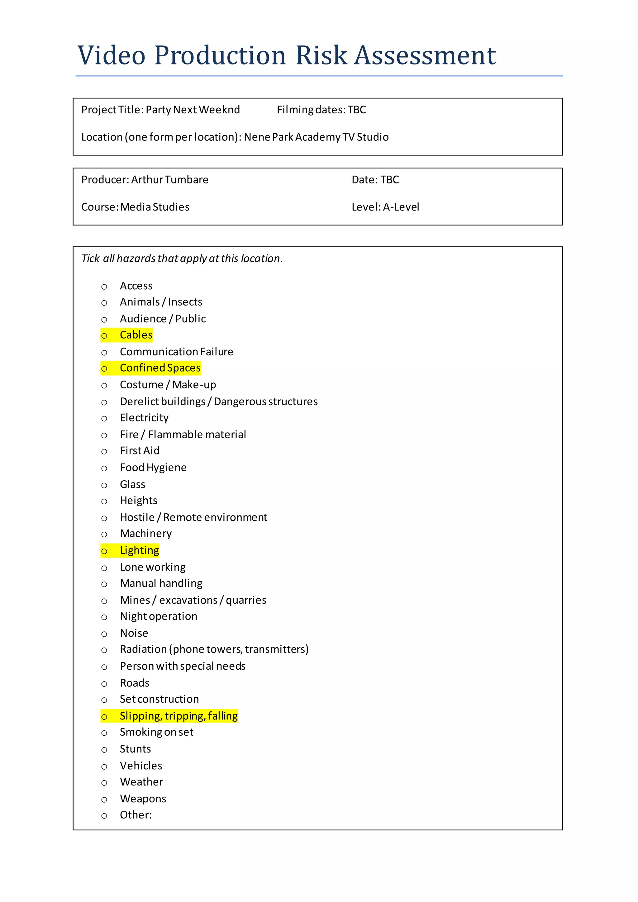 Video production risk assessment | DOCX
