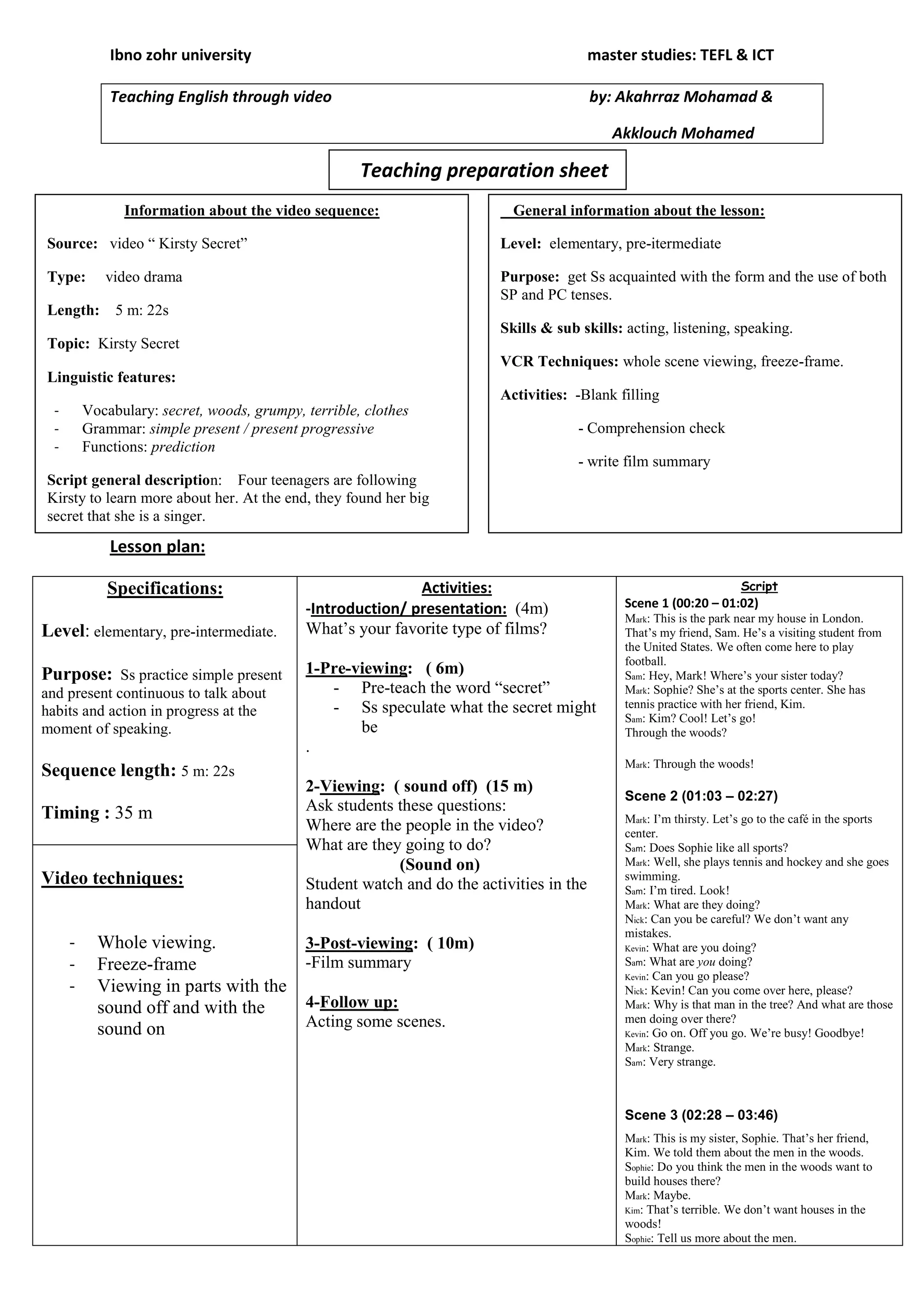 Video teaching worksheet | PDF