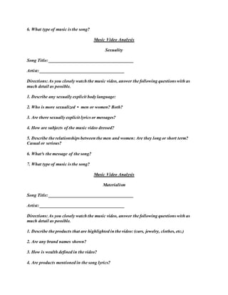 Video worksheet | DOCX | Music Video | Genres