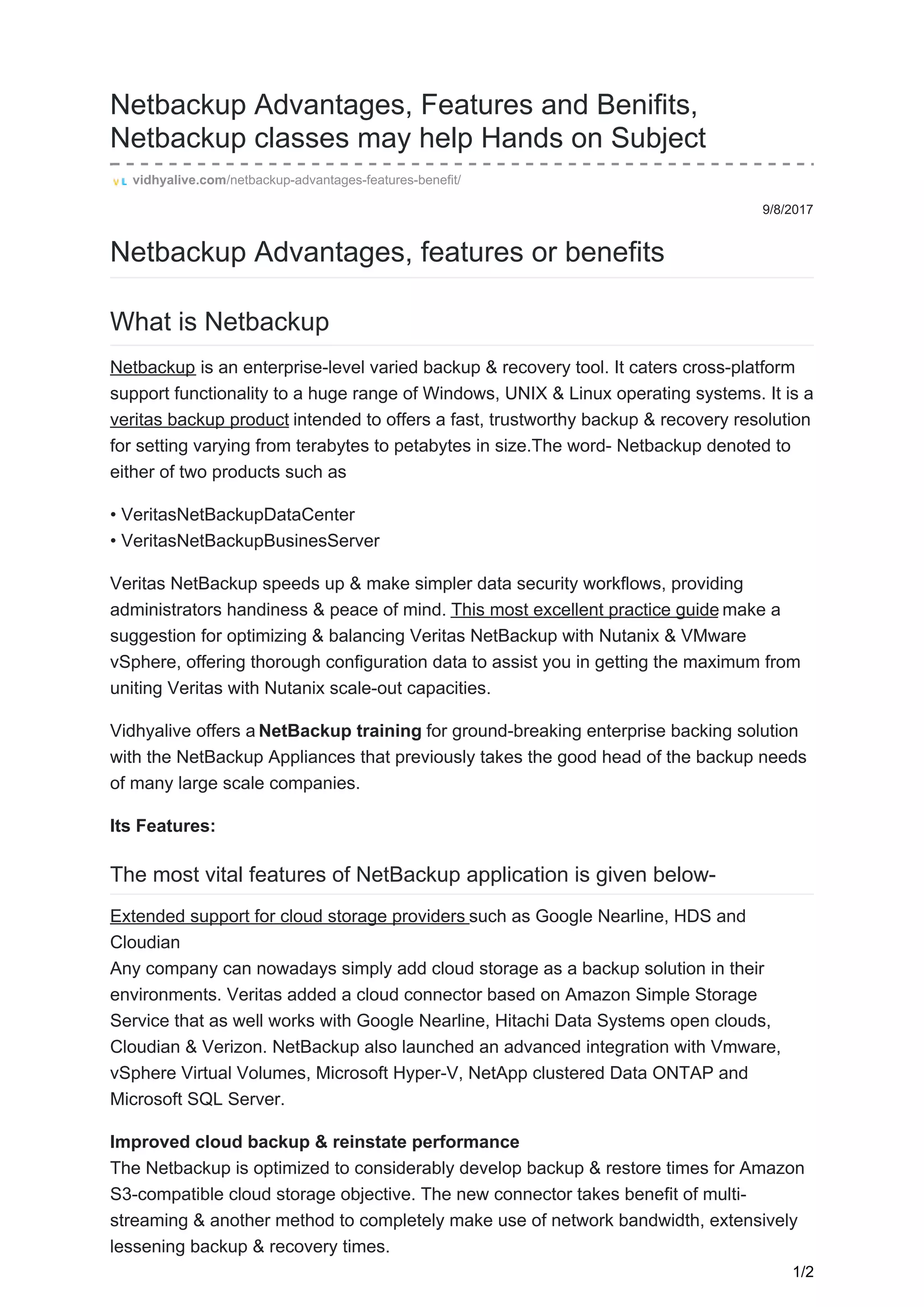 Netbackup advantages features and benefits Netbackup classes may help hands on subject | PDF ...