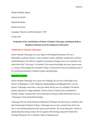 Vidyasagar Versus Begum Rokeya | PDF