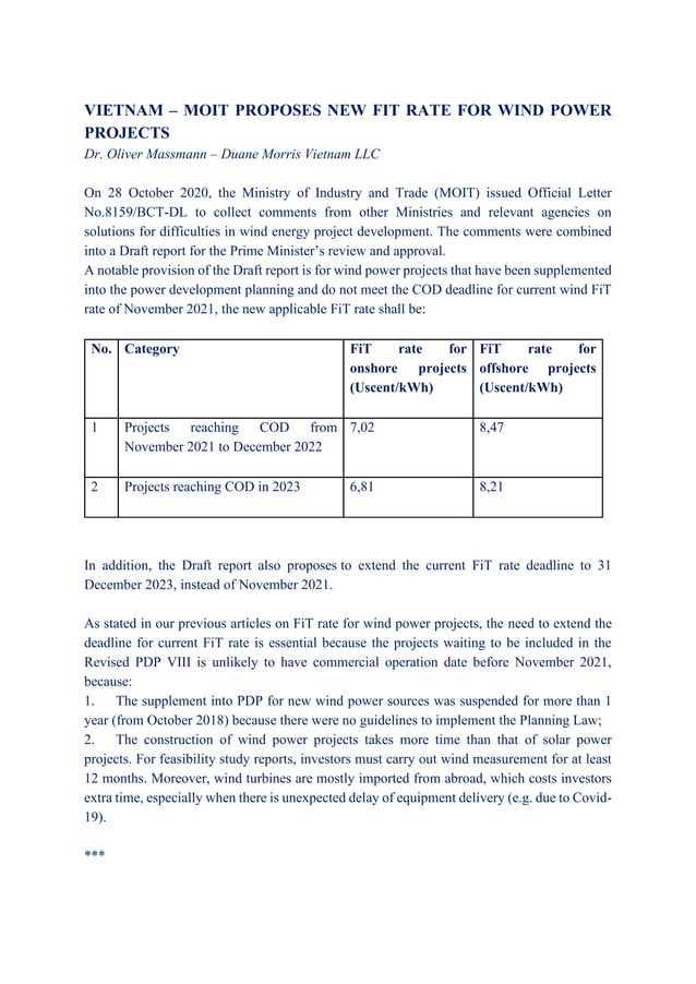 VIETNAM – MOIT PROPOSES NEW FIT RATE FOR WIND POWER PROJECTS | PDF