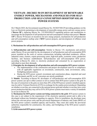 VIETNAM - DECREE 58 ON DEVELOPMENT OF RENEWABLE ENERGY POWER ...