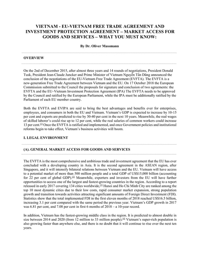 VIETNAM - EU-VIETNAM FREE TRADE AGREEMENT AND INVESTMENT PROTECTION AGREEMENT – MARKET ACCESS ...