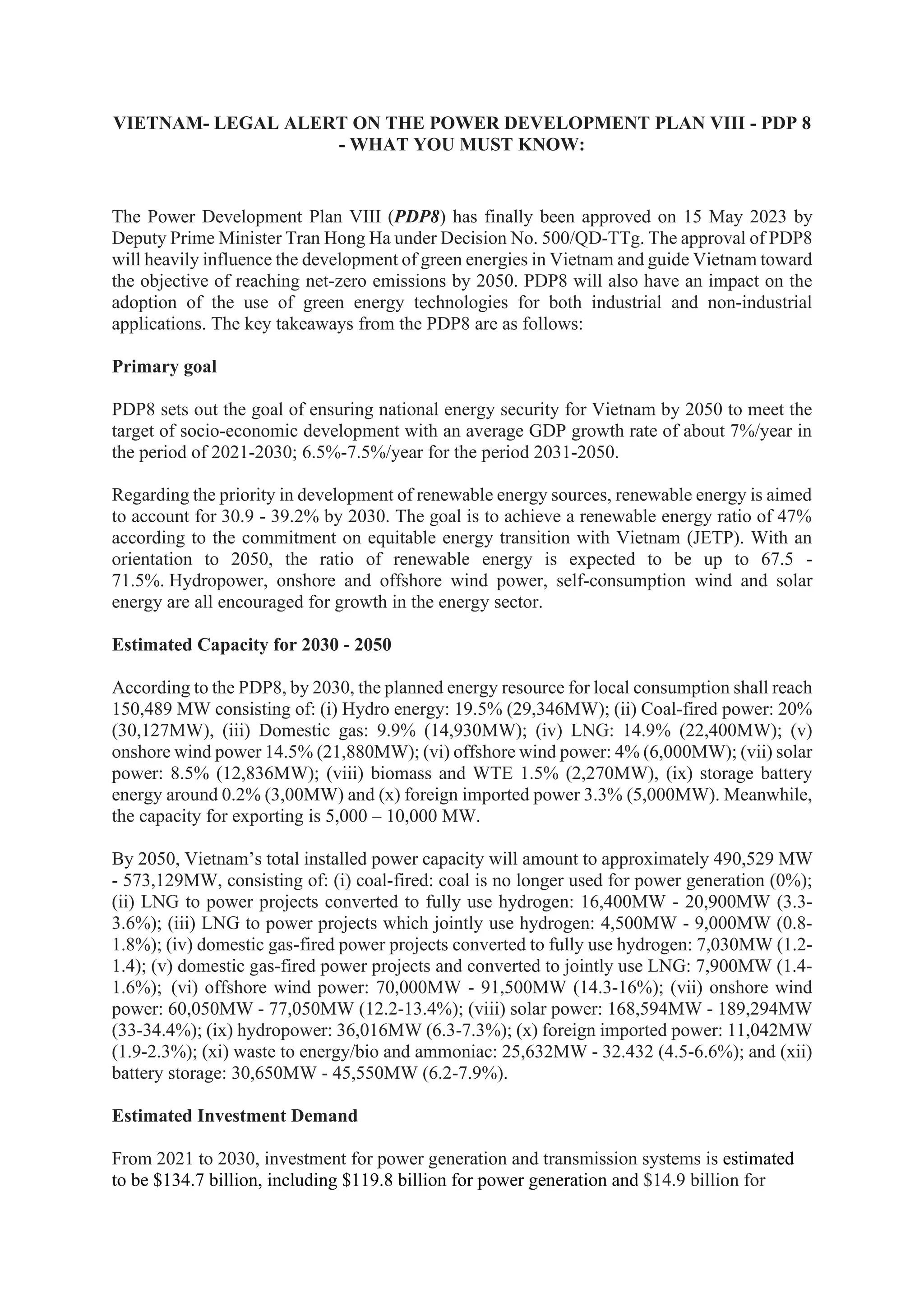 VIETNAM- LEGAL ALERT ON THE POWER DEVELOPMENT PLAN VIII - PDP 8 - WHAT ...