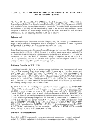 VIETNAM- LEGAL ALERT ON THE POWER DEVELOPMENT PLAN VIII - PDP 8 - WHAT ...