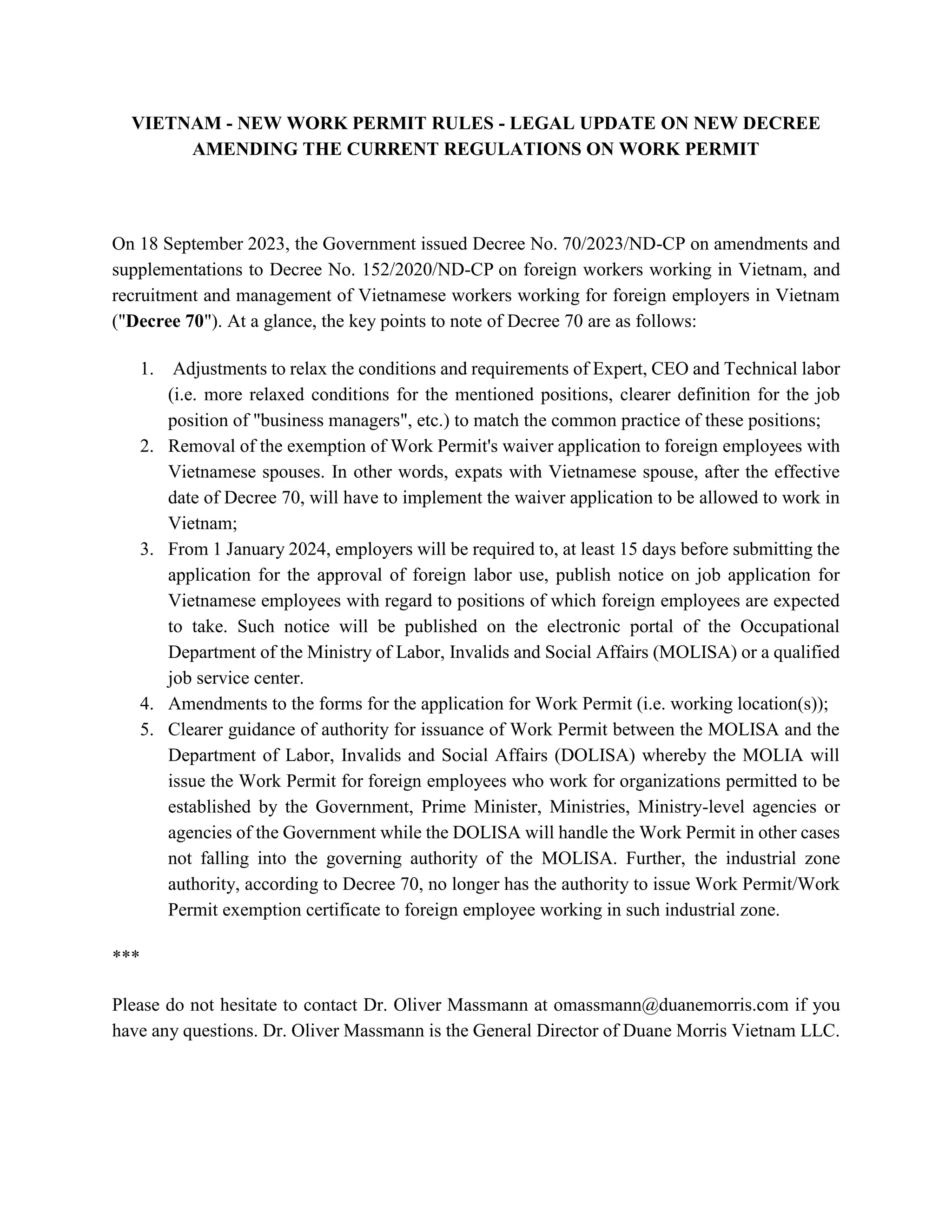 VIETNAM - NEW WORK PERMIT RULES - LEGAL UPDATE ON NEW DECREE AMENDING ...