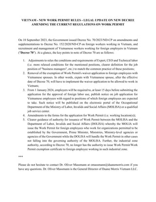 VIETNAM - NEW WORK PERMIT RULES - LEGAL UPDATE ON NEW DECREE AMENDING THE CURRENT REGULATIONS ON ...