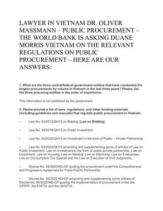 LAWYER IN VIETNAM DR. OLIVER MASSMANN – PUBLIC PROCUREMENT – THE WORLD BANK IS ASKING DUANE ...