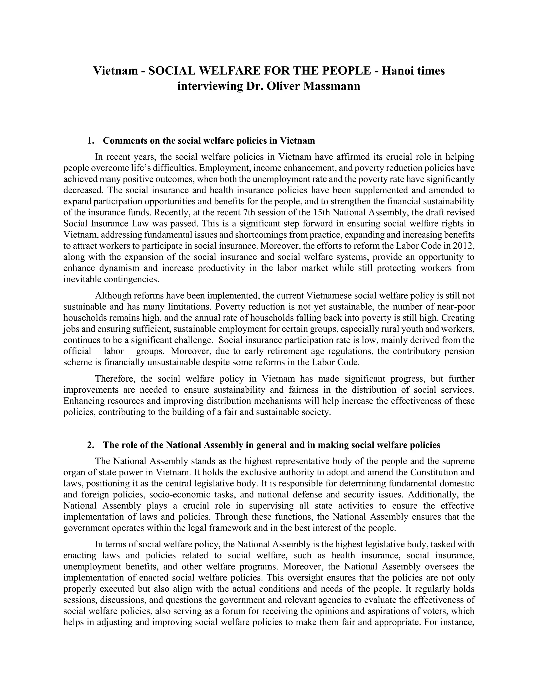 Vietnam - SOCIAL WELFARE FOR THE PEOPLE - Hanoi times interviewing Dr. Oliver Massmann | PDF