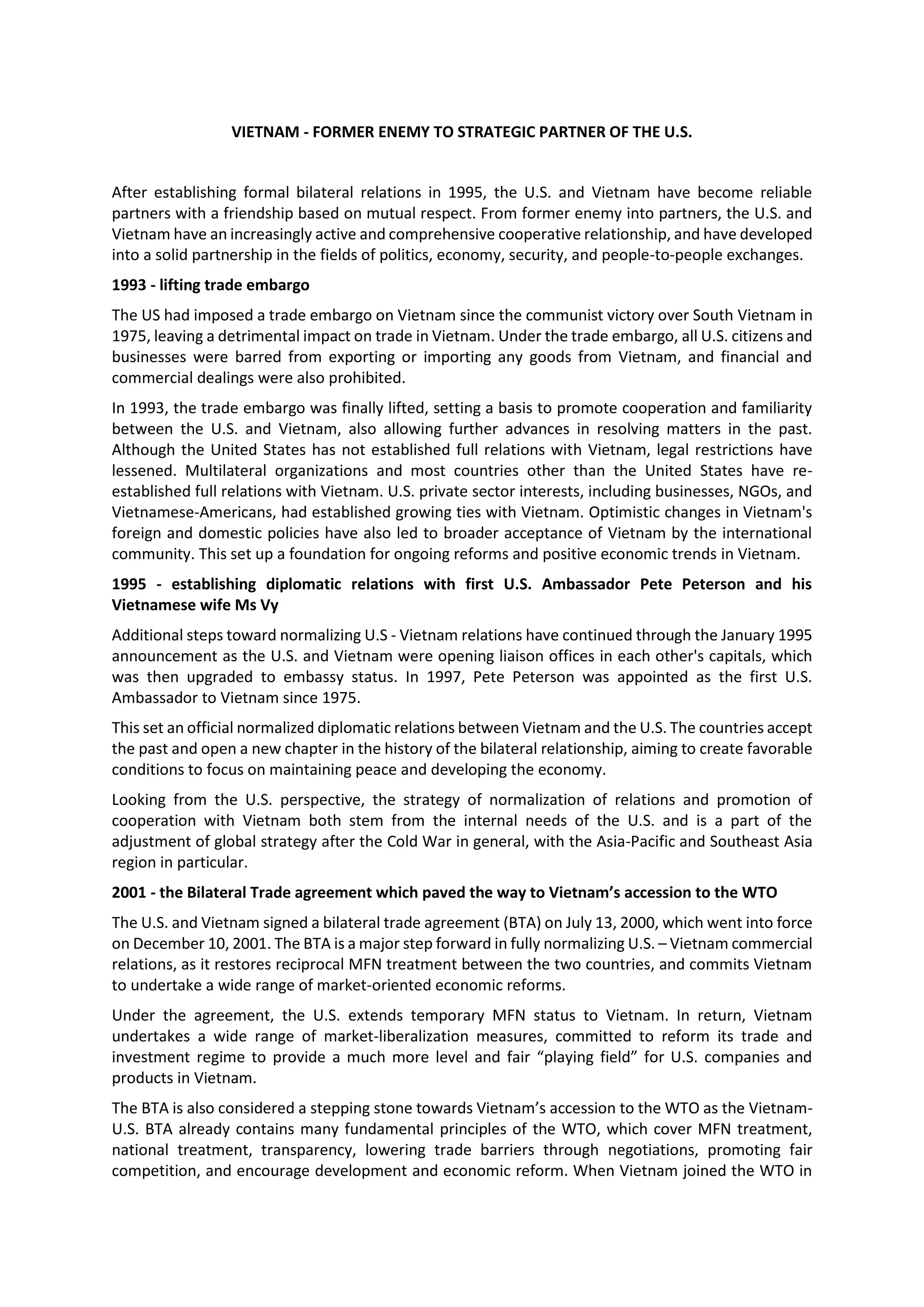 VIETNAM - FORMER ENEMY TO STRATEGIC PARTNER OF THE U.S. | PDF