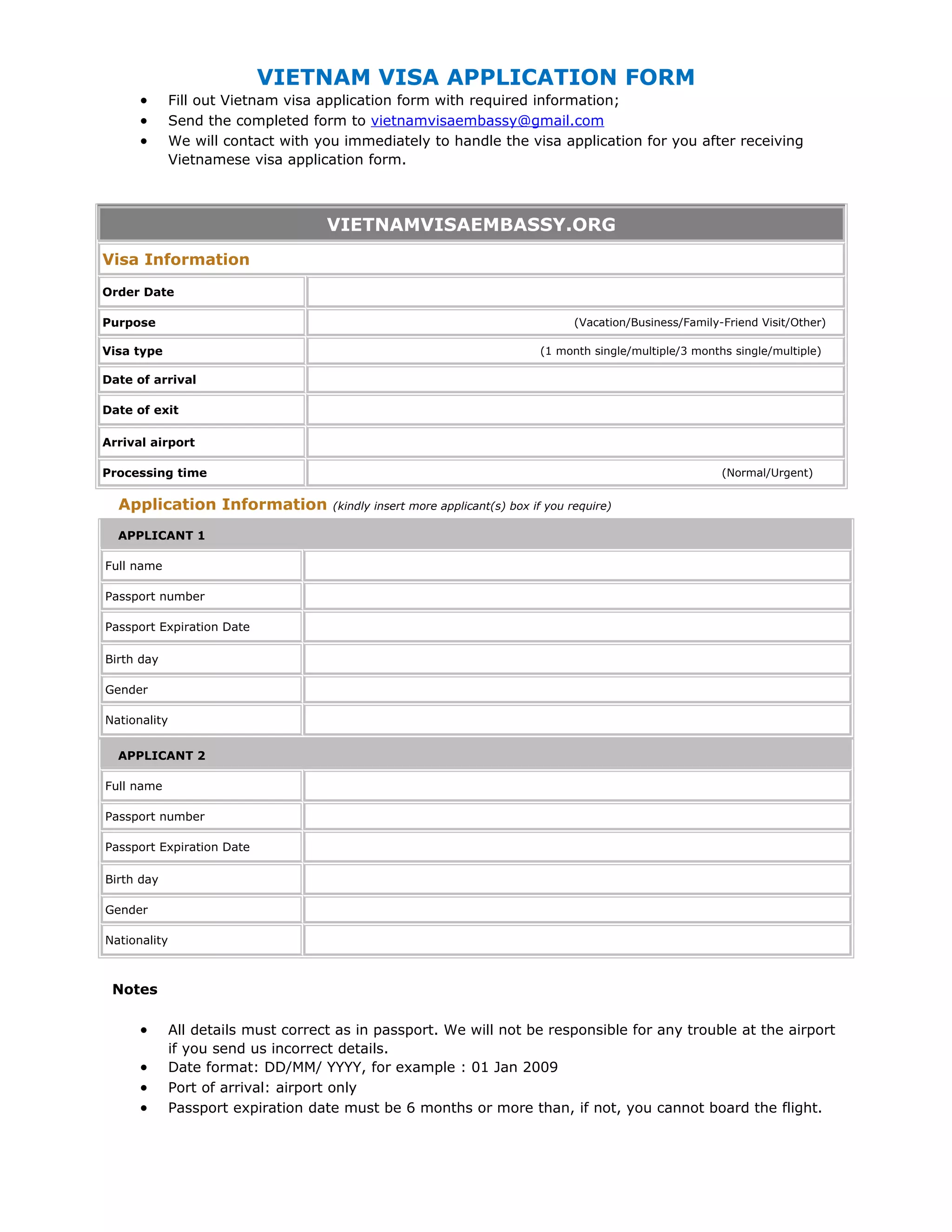 VIETNAM VISA APPLICATION FORM | PDF