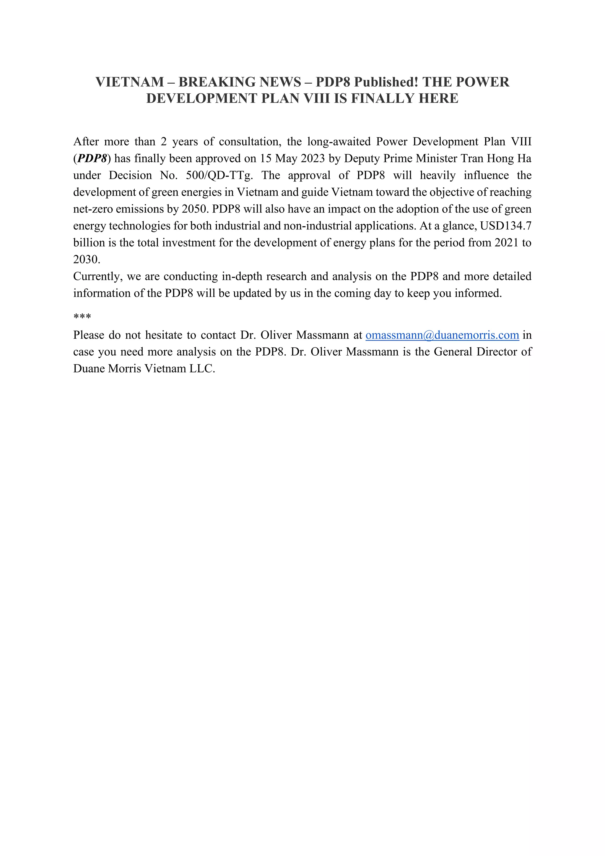 VIETNAM – BREAKING NEWS – PDP8 Published! THE POWER DEVELOPMENT PLAN ...